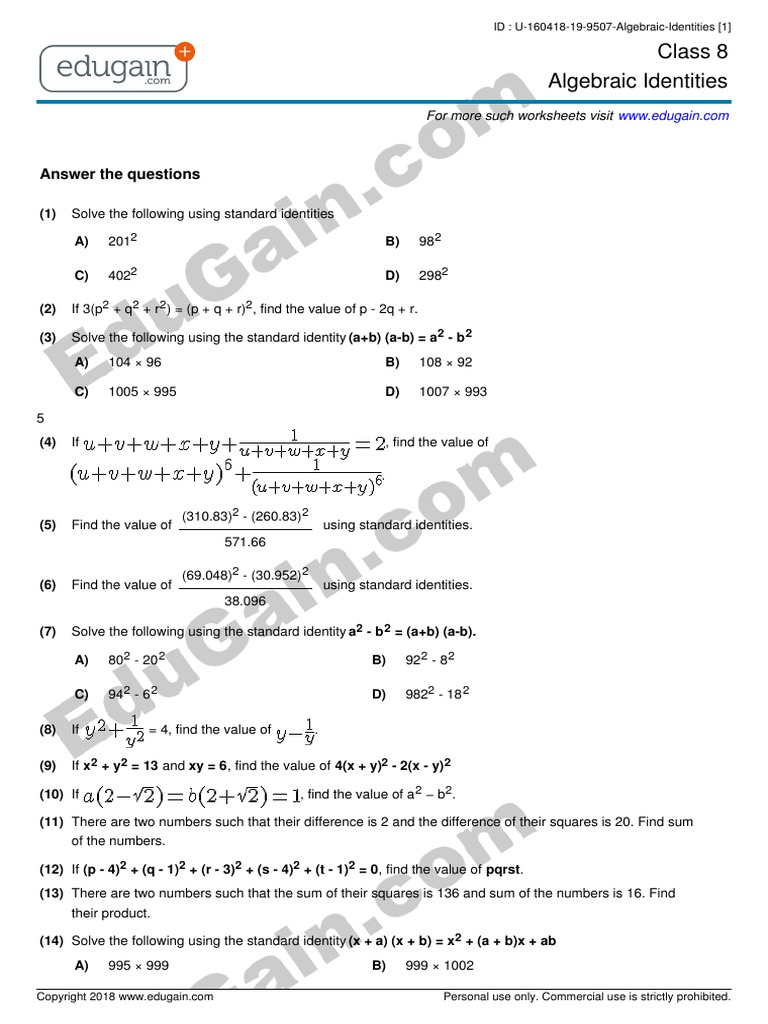 Class 8 Algebraic Identities: Answer The Questions | PDF | Algebra ...
