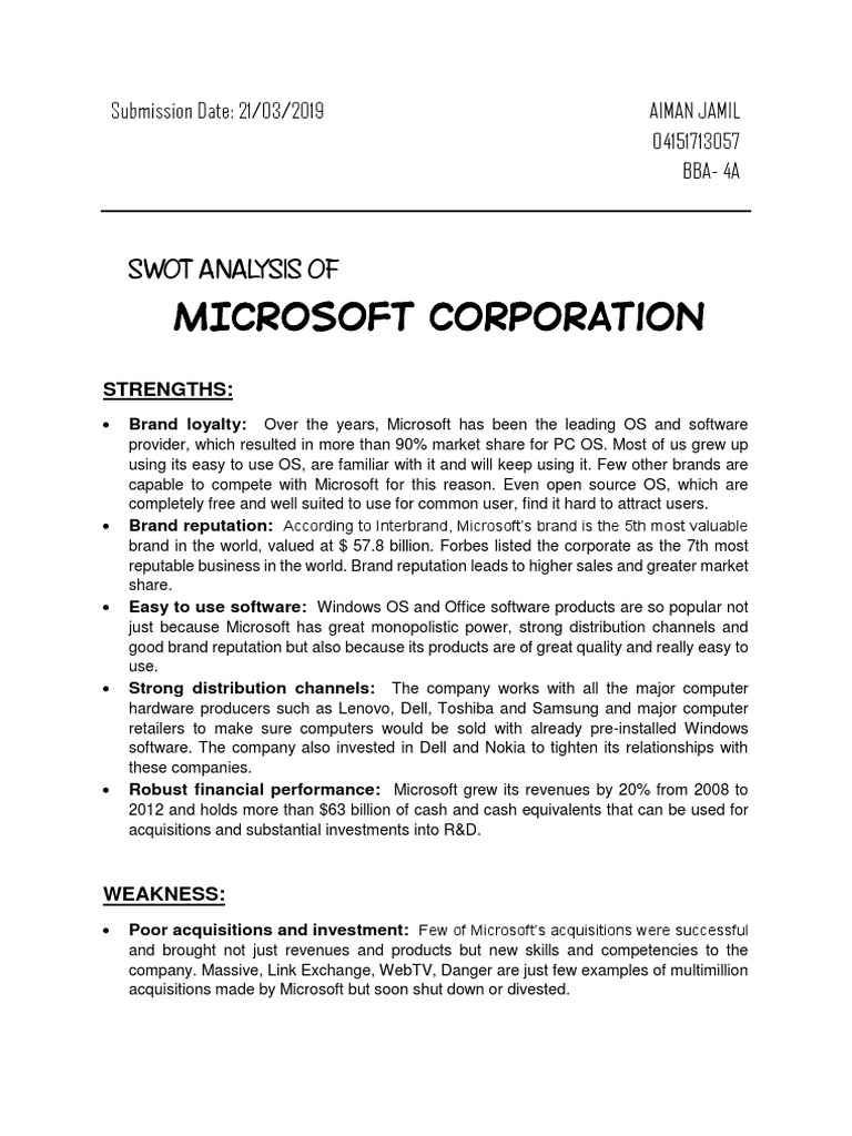 Microsoft SWOT Analysis for BBA Students | PDF | Microsoft | Operating ...