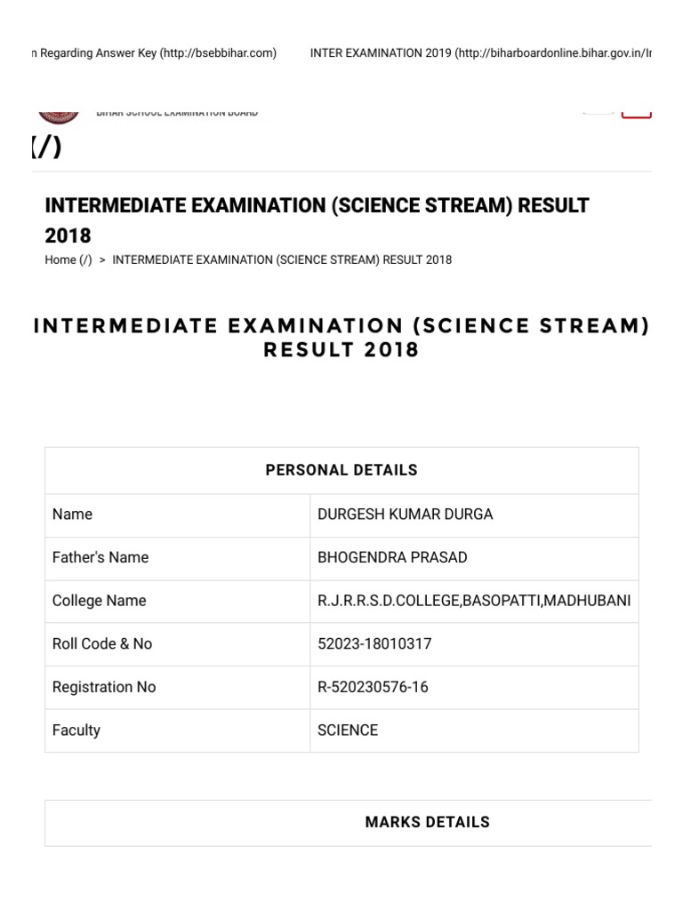 Intermediate Examination (Science Stream) RESULT 2018 | PDF | Science