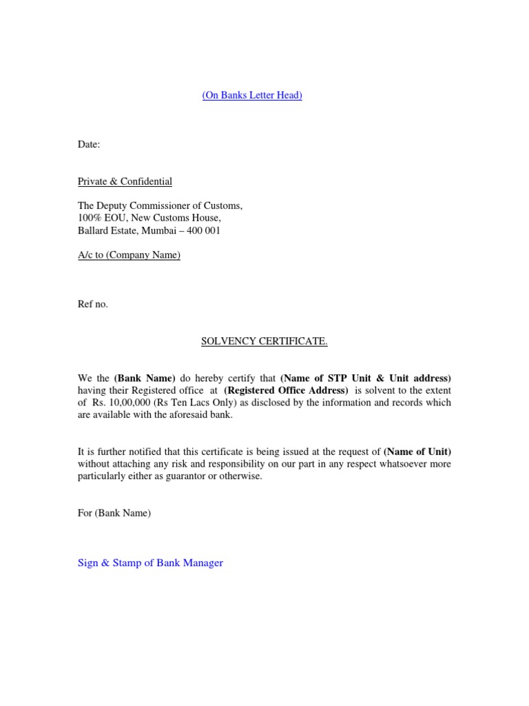 Solvency Certificate PDF | PDF