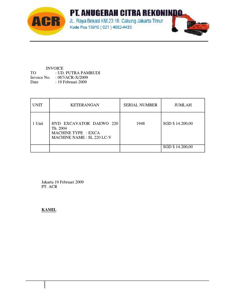 Invoice for Excavator Purchase | PDF