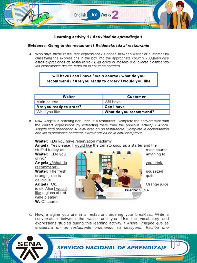 Encuentra en Un Restaurante Ordenando Su Desayuno. Escriba Una | PDF ...