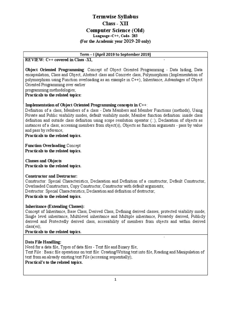 Termwise Syllabus Class - XII Computer Science (Old) : Language-C++, Code-283 | PDF | Class ...