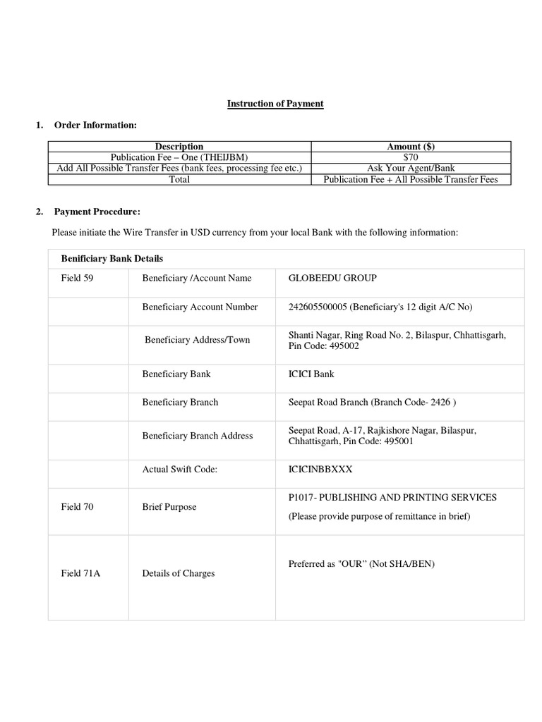 Wire Transfer Instructions for Payment | PDF | Payments | Wire Transfer