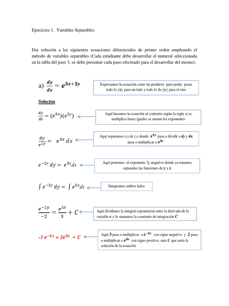 Ejercicio 1 (A) Método de Variables Separables | PDF | Integral | Ecuación diferencial parcial