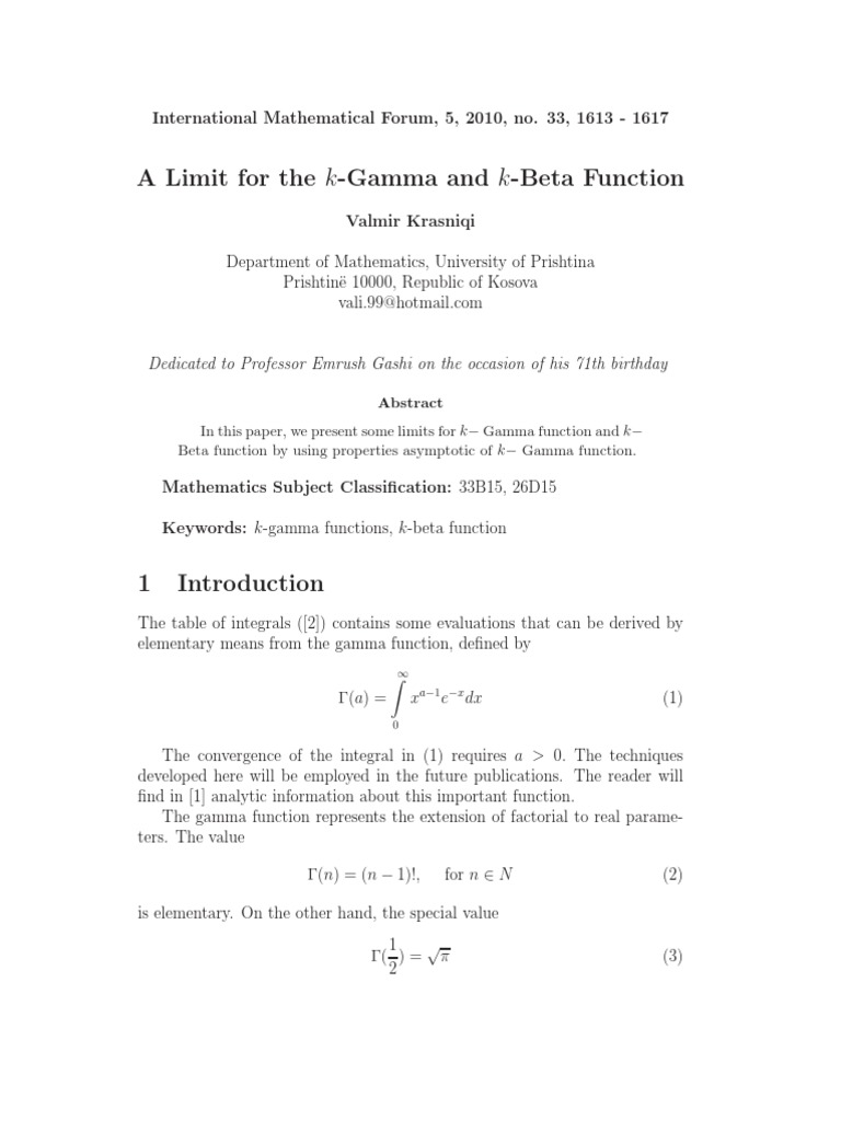 K-Gamma and K-Beta Function | PDF | Pi | Special Functions