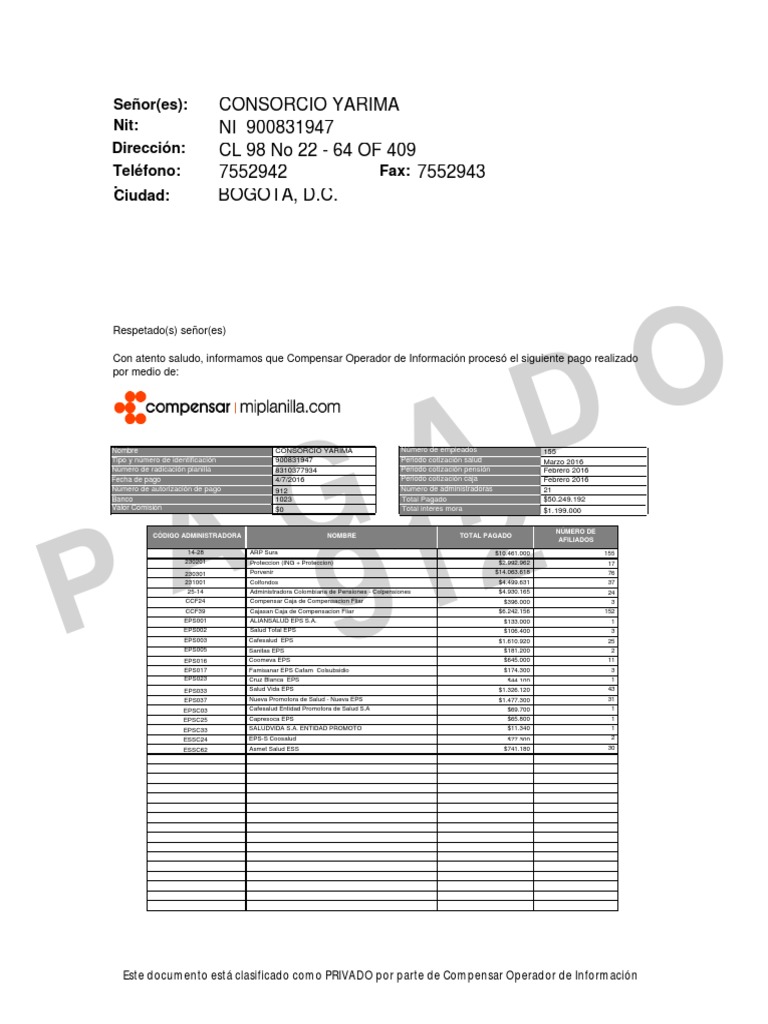 Informe de Pago Privado Compensar | PDF | Business