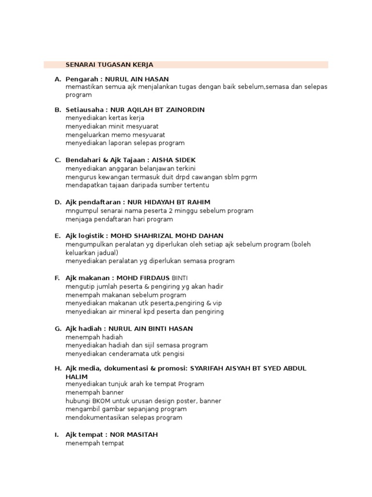 Senarai Tugasan AJK NAZIM | PDF