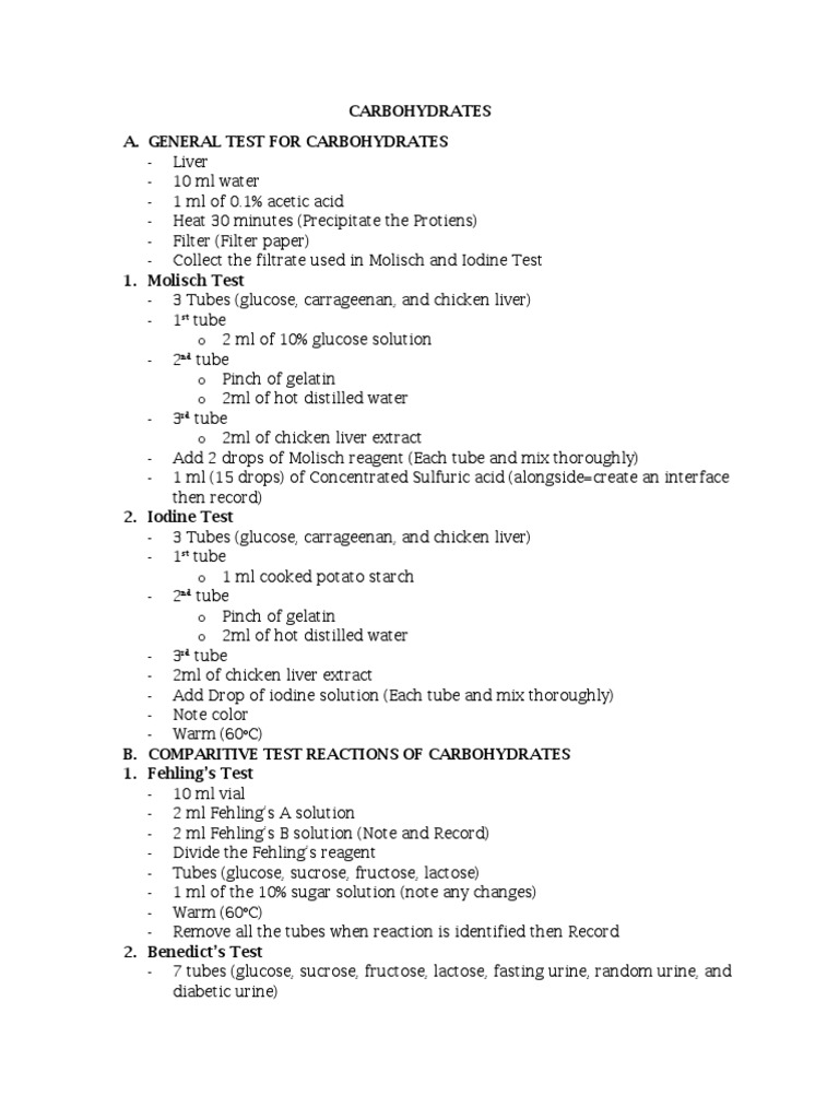 Carbohydrate Testing Methods Guide | PDF | Glucose | Sucrose