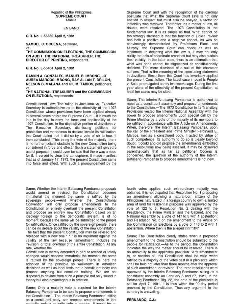 Occena Vs Comelec 104 Scra 1 | PDF | Constitutional Amendment | United ...