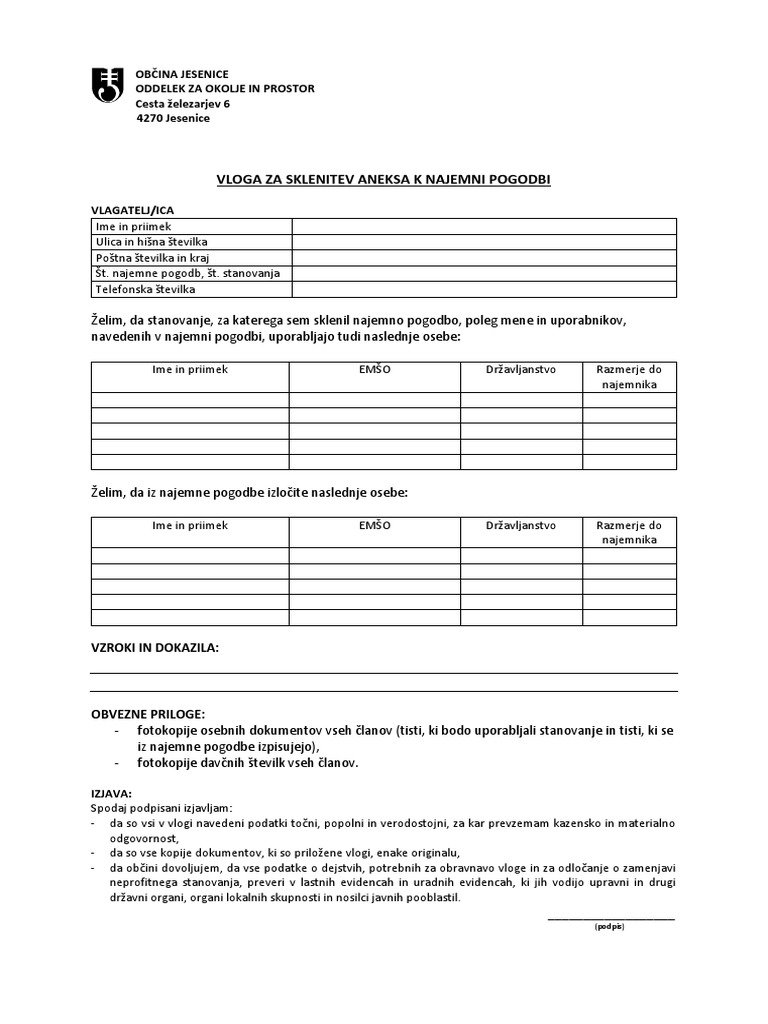 Vloga Aneks Najemna Pogodba 20180828 | PDF