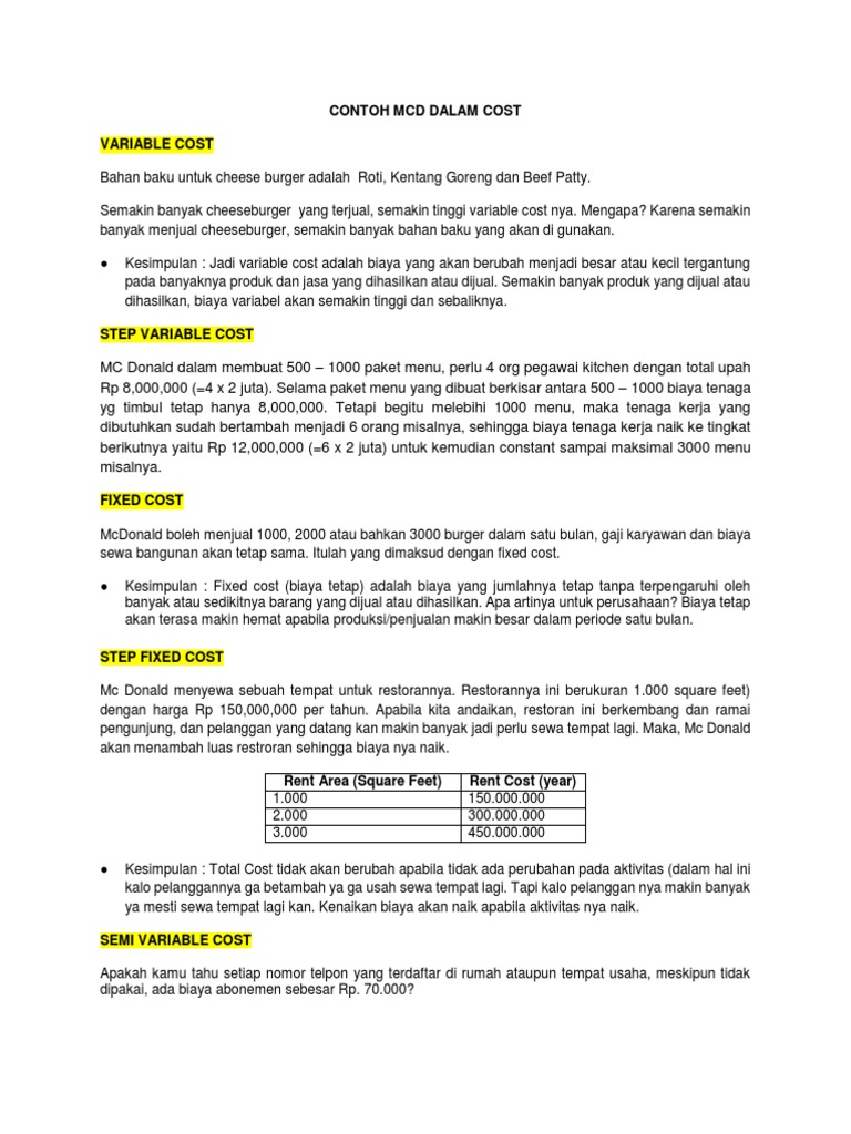 Contoh Cost Dalam Gerai MCD | PDF