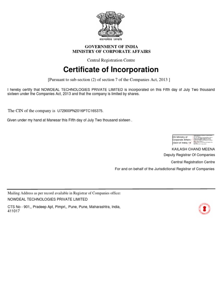 Certificate of Incorporation | PDF | Business Law | Corporations