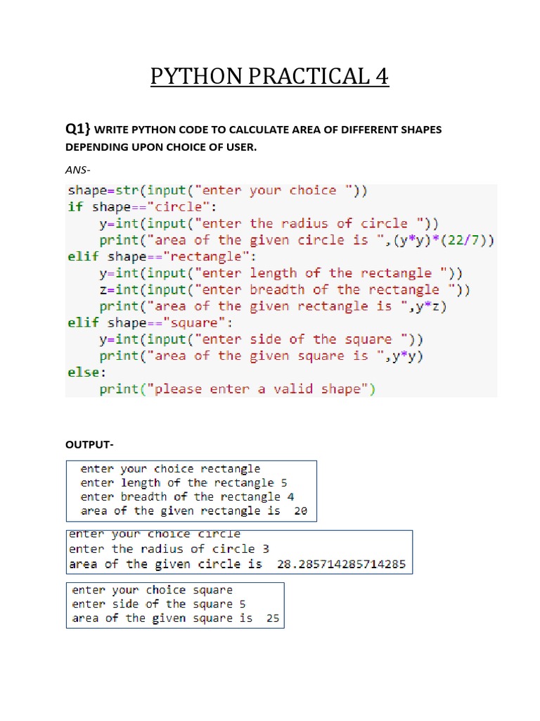 Python Practical 4: Write Python Code To Calculate Area of Different Shapes Depending Upon ...