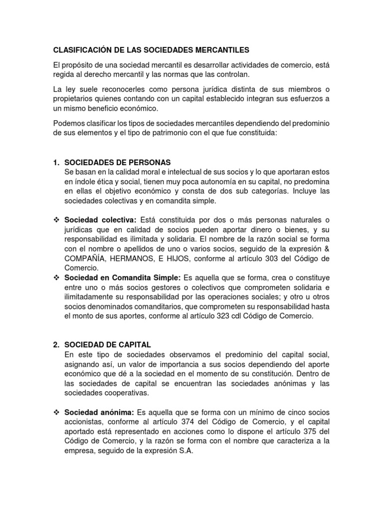 Clasificación de Las Sociedades Mercantiles | PDF | Sociedad de responsabilidad limitada ...