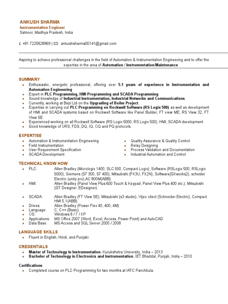 Ankush Sharma Automation Instrumentation Engineer CV | PDF | Scada ...