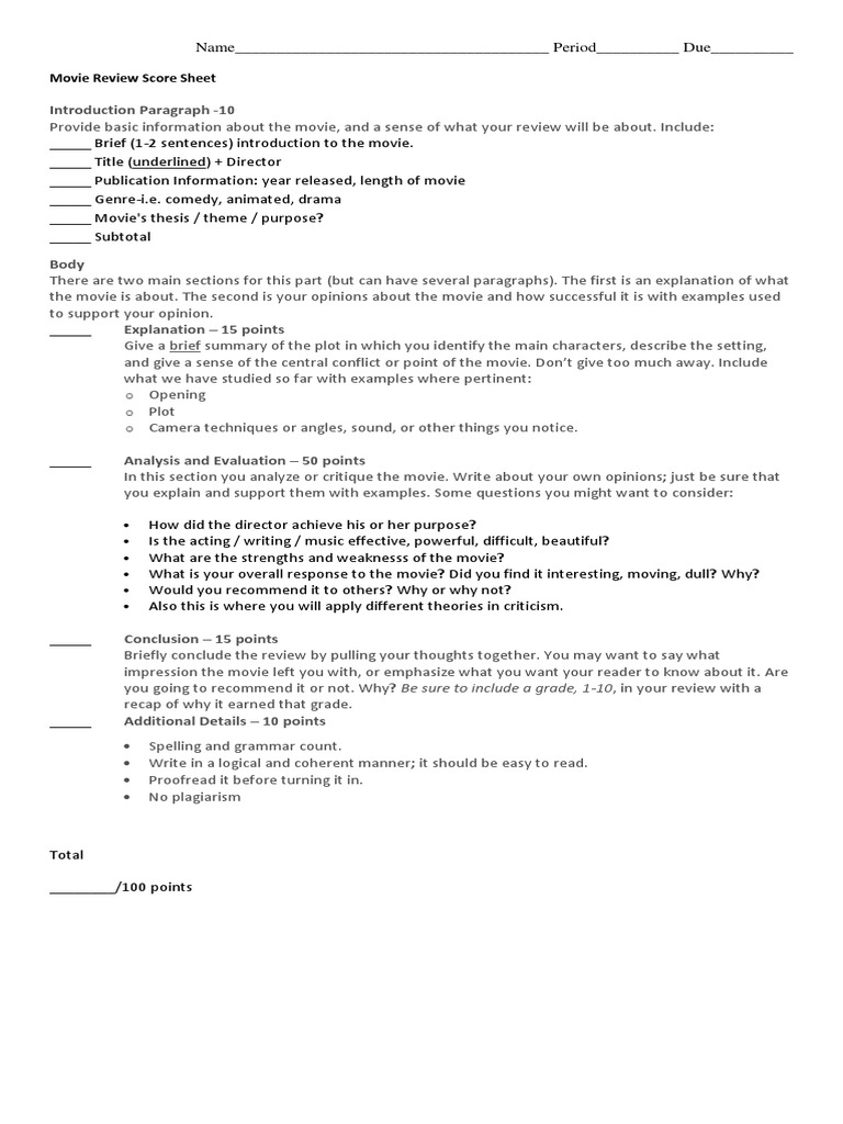 Introduction Paragraph - 10: Movie Review Score Sheet | PDF | Criticism ...