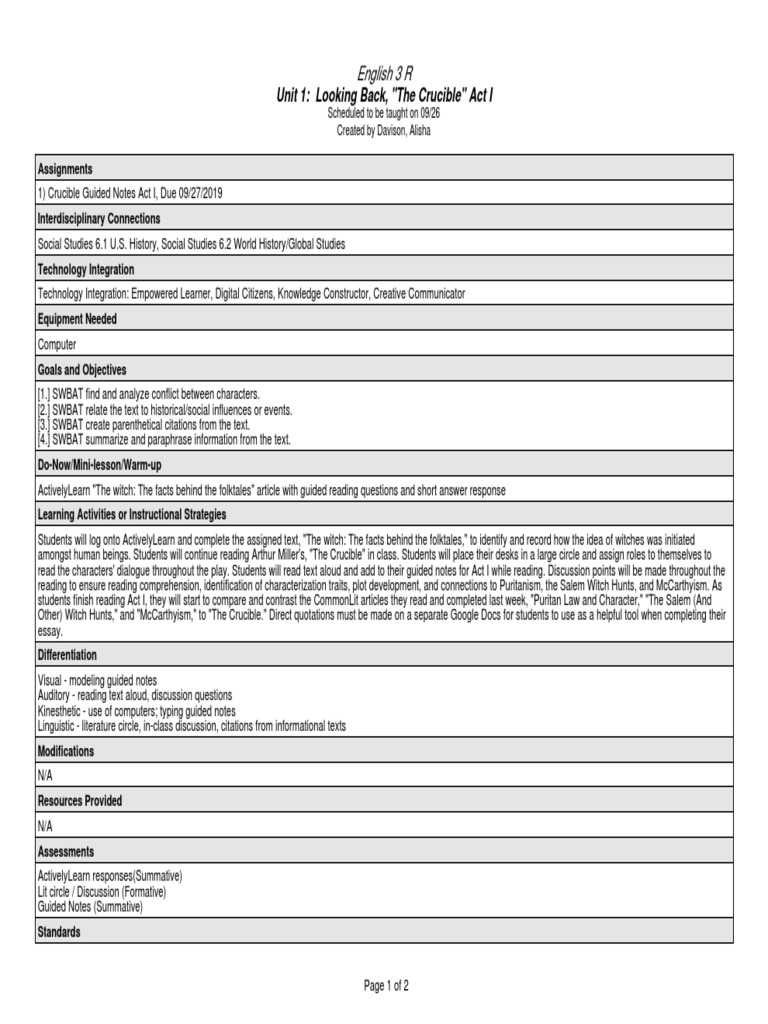 Crucible Lesson Plan 3 | Download Free PDF | Psychological Concepts ...