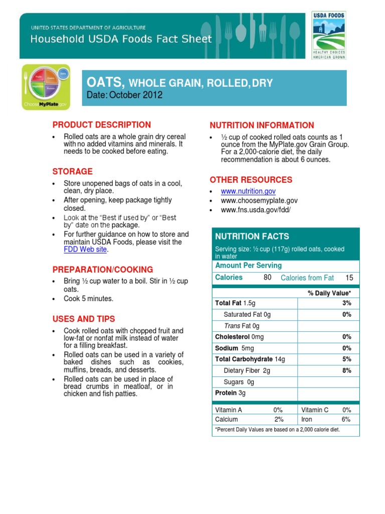 Oats,: Whole Grain, Rolled, Dry | PDF | Oatmeal | Nutrition Facts Label