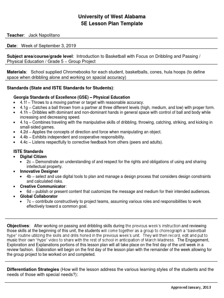 University of West Alabama 5E Lesson Plan Template: Physical Education ...