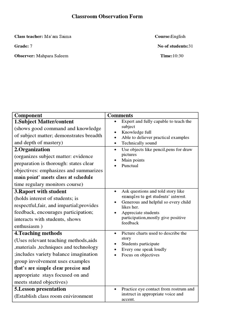 Classroom Observation Form | PDF | Classroom | Teaching Method