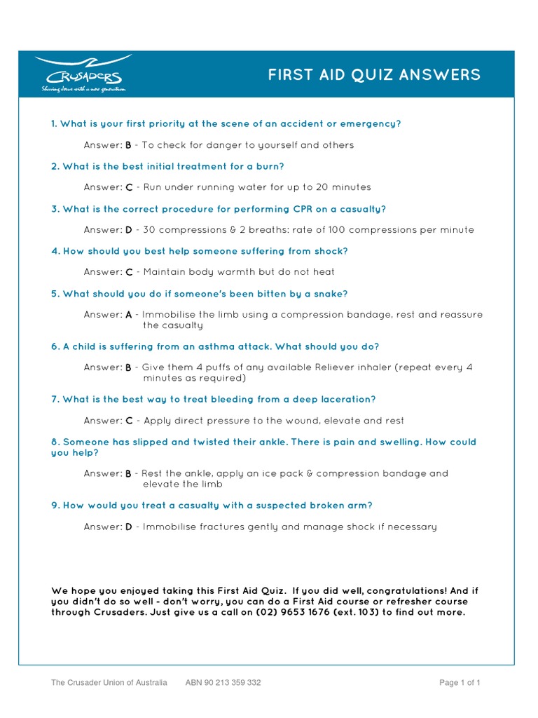 First Aid Quiz Answers and Tips | PDF | Wellness