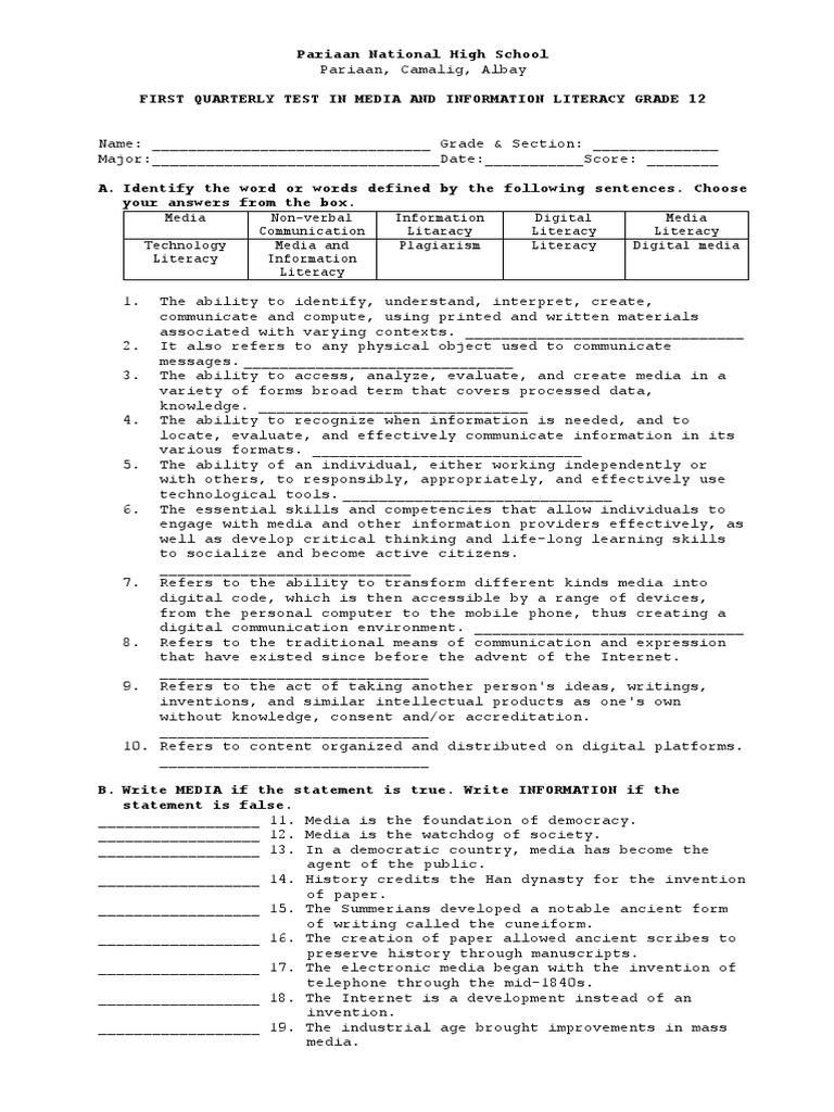Grade 12 Media Literacy Test | PDF | Literacy | Communication