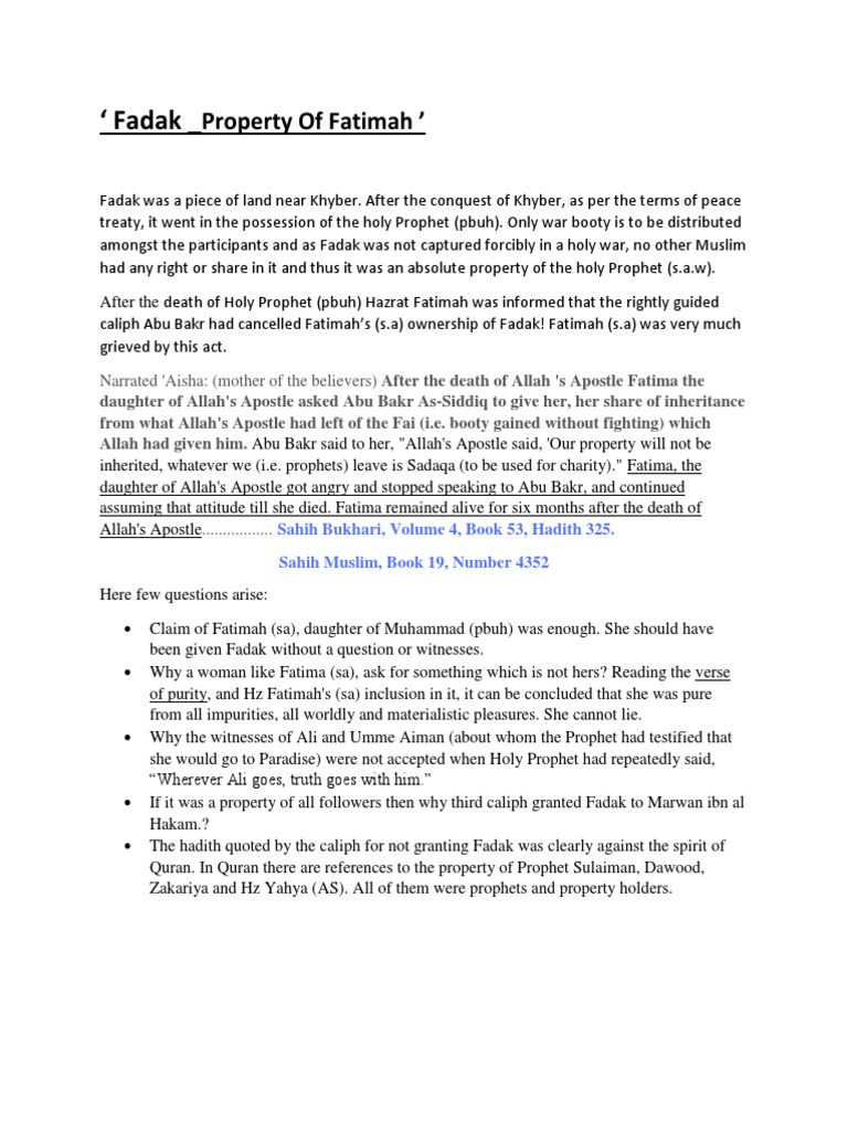 Fadak - : Property of Fatimah ' | PDF | Muhammad | Islamic Branches