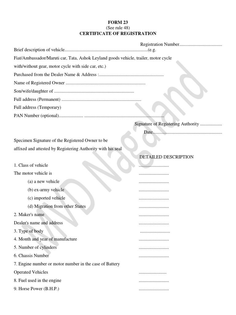 Form 23 Certificate of Registration | Download Free PDF | Vehicles ...