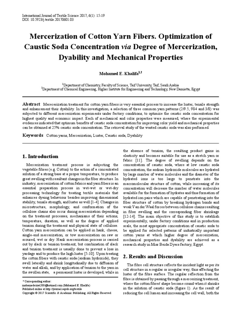 Mercerization of Cotton Yarn Fibers. Optimization of Caustic Soda ...