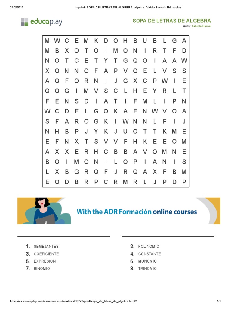 Sopa de Letras de Álgebra | PDF | Enseñanza de matemática | Science