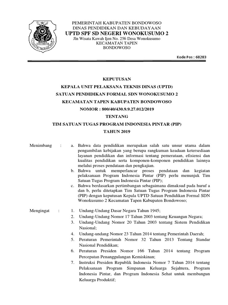 SK Tim Satgas Atau Operator PIP 2019 Untuk Lembaga | PDF