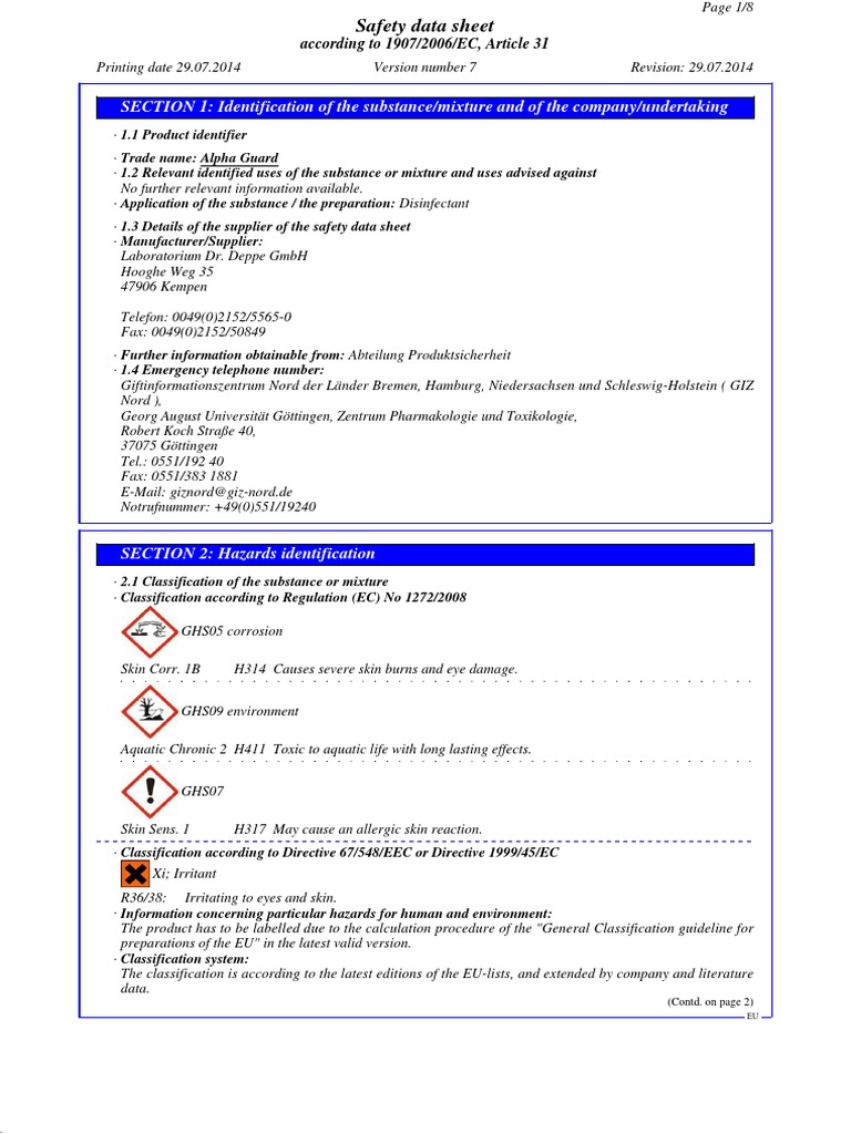 Alpha Guard Safety Data Sheet | PDF | Dangerous Goods | Toxicity