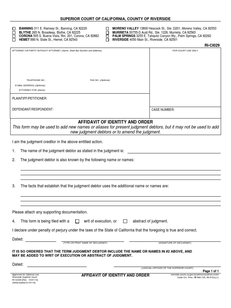 Superior Court of California, County of Riverside: Affidavit of ...
