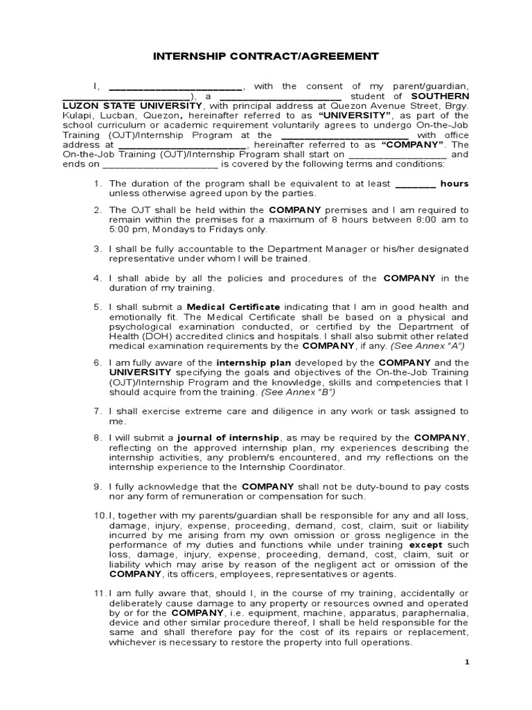 Internship Contract Agreement Template | PDF | Signature | Negligence
