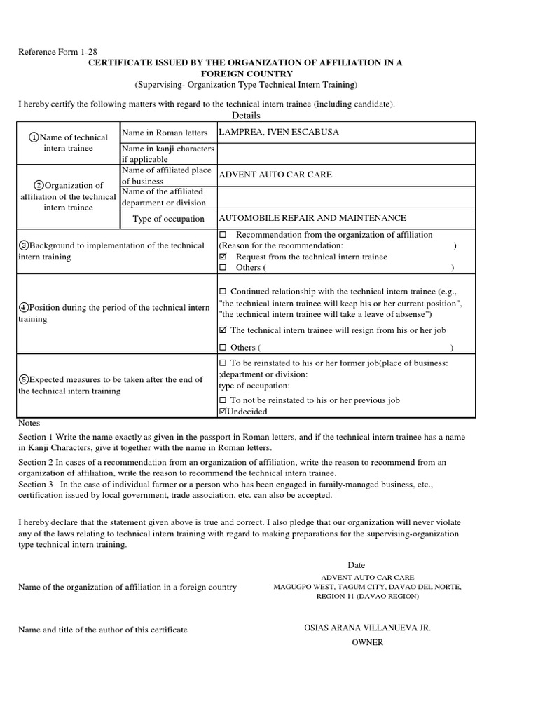Certificate Issued by The Organization of Affiliation in A Foreign ...