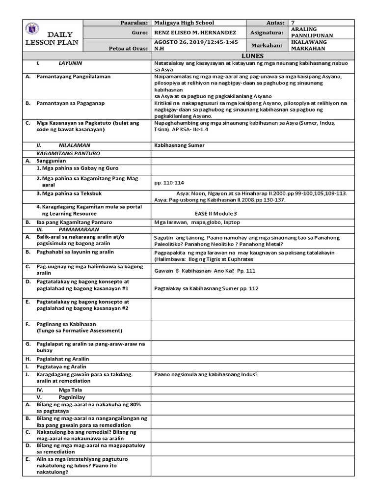 Daily Lesson Plan Lunes: I. Layunin | PDF