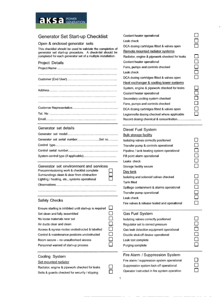 AKSA Generator Startup Checklist - Editable PDF | PDF | Leak | Radiator