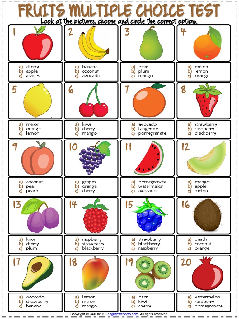 Fruits Vocabulary Esl Multiple Choice Tests For Kids | PDF | Business