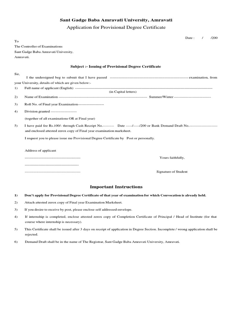 Application For Provisional Degree Certificate: Sant Gadge Baba Amravati University, Amravati ...