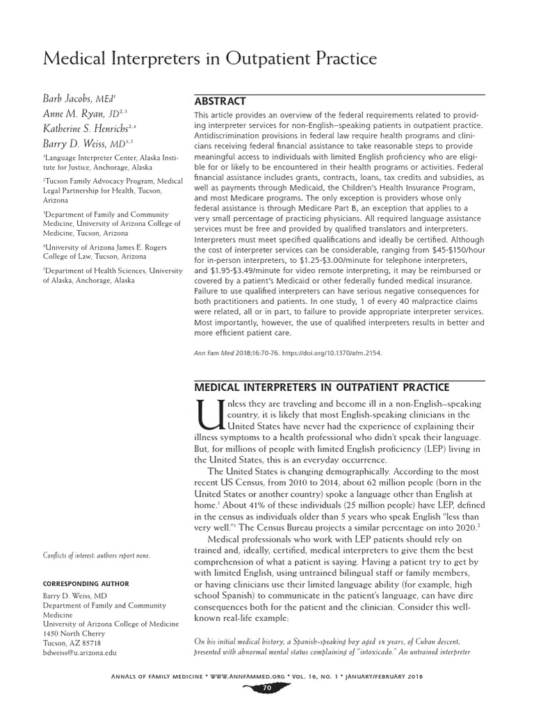 Medical Interpreters in Outpatient Practice: Barb Jacobs, Anne M. Ryan ...