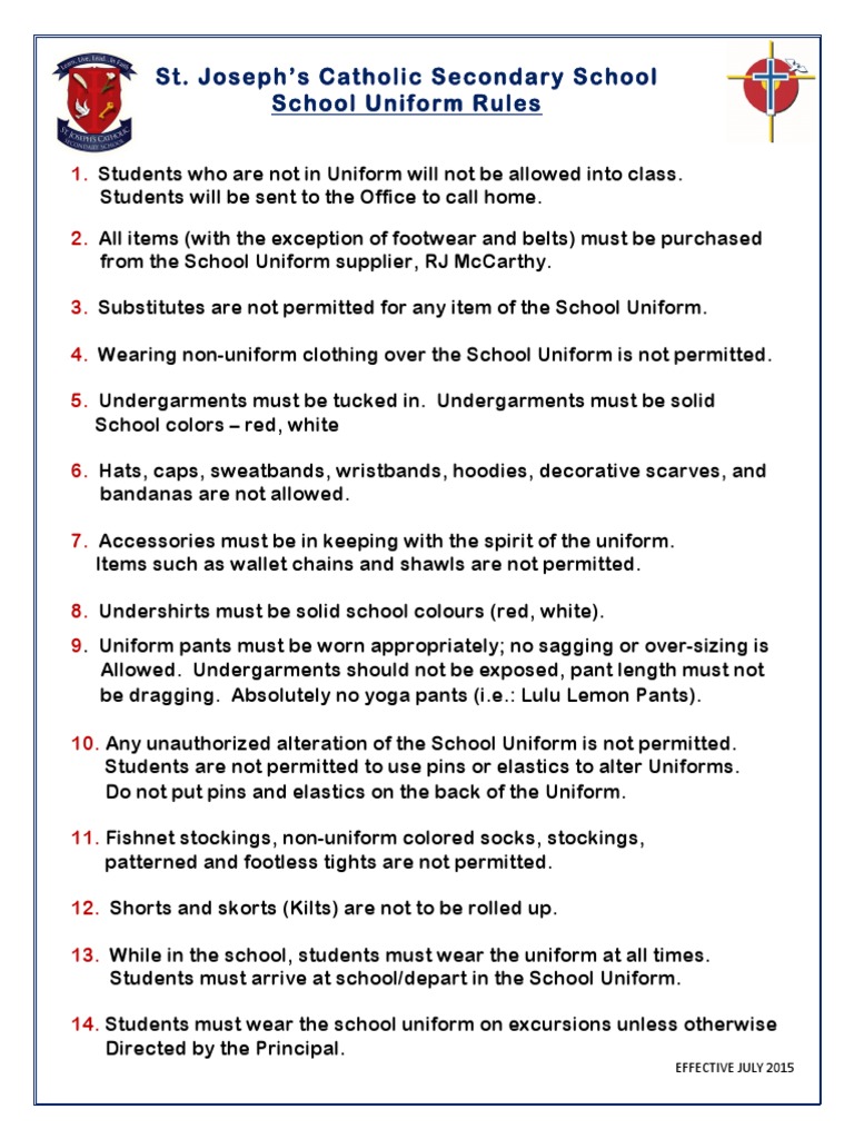 St. Joseph's Catholic Secondary School School Uniform Rules: Effective ...