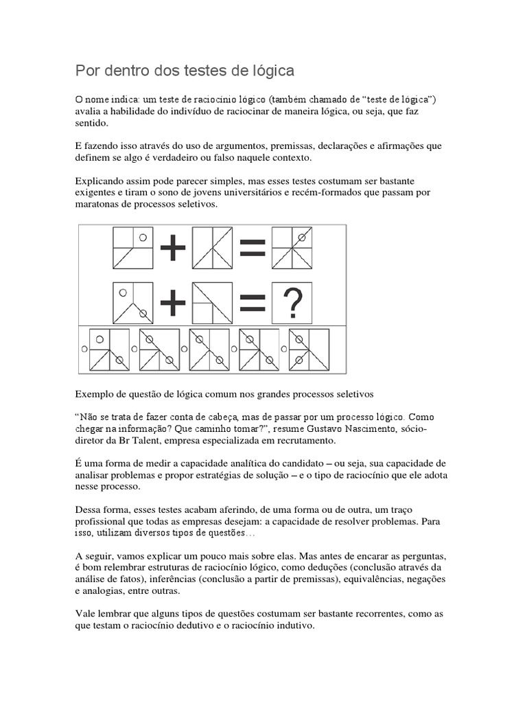 Testes de Lógica: Estruturas e Exemplos | PDF | Lógica | Raciocínio ...