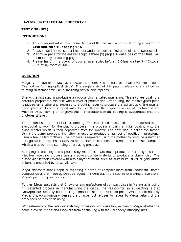 Law 587 - Intellectual Property Ii TEST ONE (10%) Instructions | PDF ...