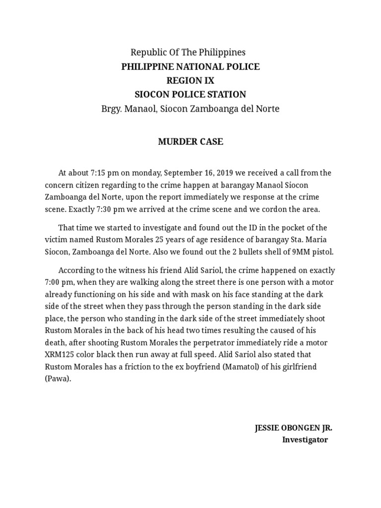 Murder Case Report in Siocon, Philippines | PDF