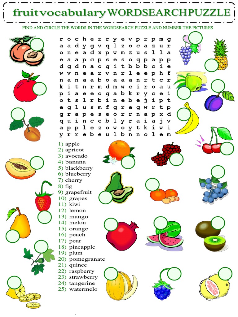 Food Fruit Vocabulary Wordsearch Puzzle Worksheet | PDF