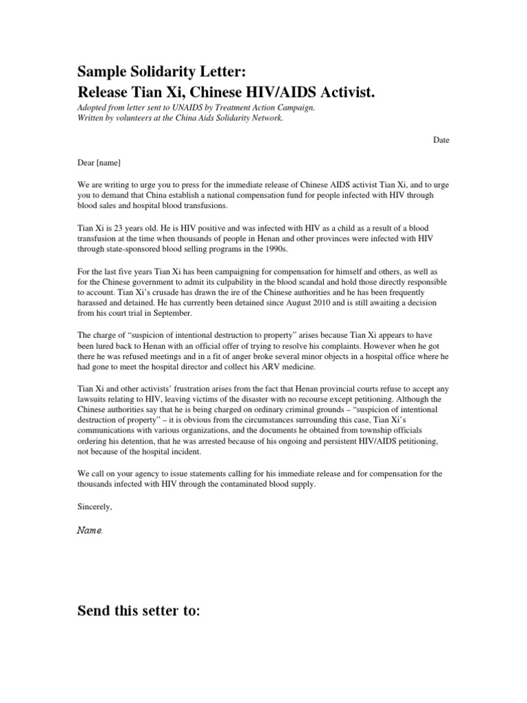 Tian Xi Sample Solidarity Letter | PDF | Joint United Nations Programme ...