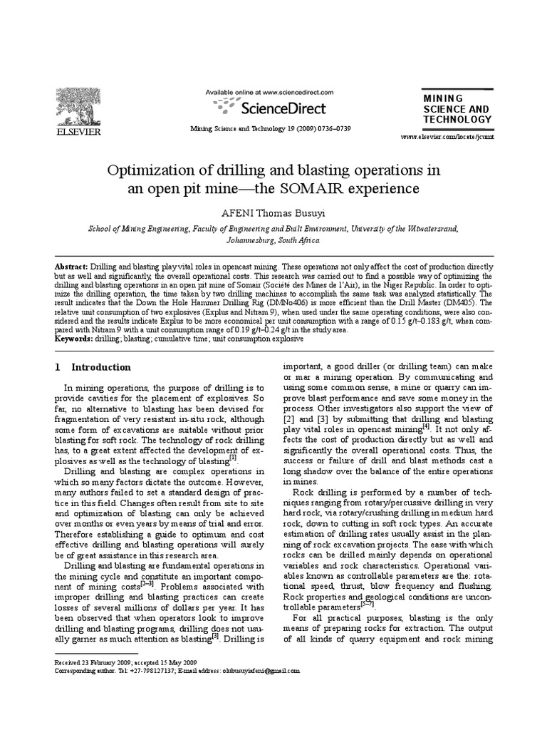 Optimization of Drilling and Blasting Operations in An Open Pit Mine-The SOMAIR Experience | PDF ...