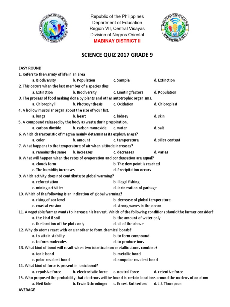 Science Quiz 2017 Grade 9: Mabinay District Ii | PDF | Covalent Bond ...