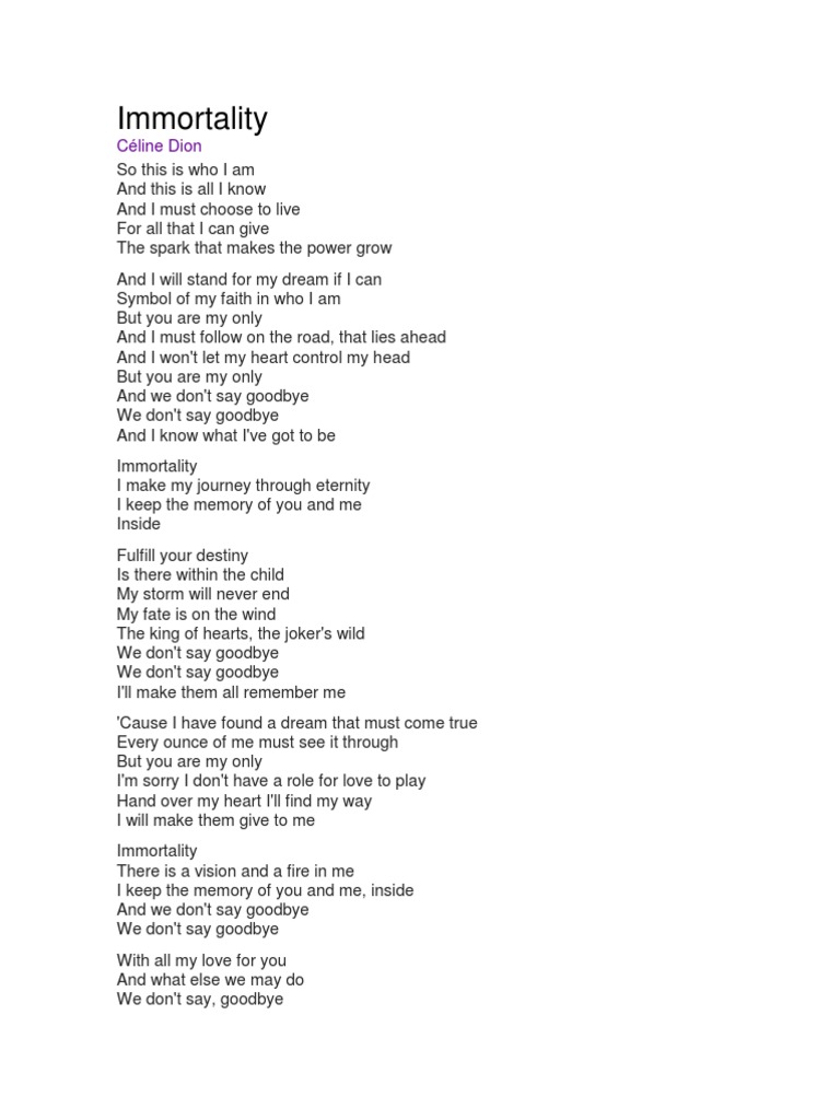 Immortality Lyrics by Céline Dion | PDF